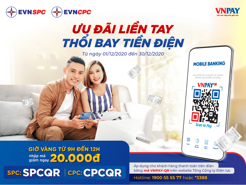 Giảm ngay 20.000 đồng khi thanh toán tiền điện bằng mã VNPAY-QR